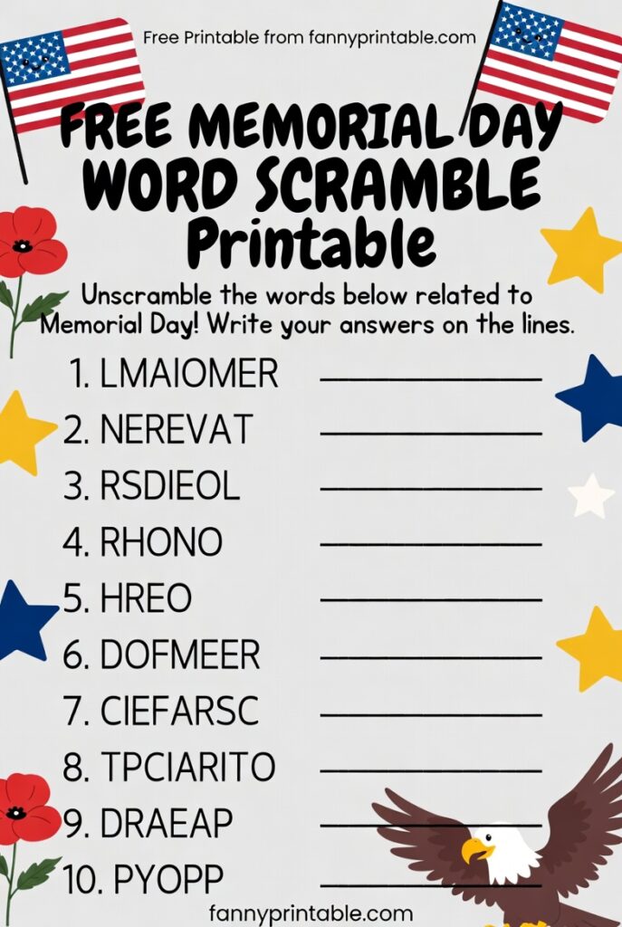 Free Printable Memorial Day Word Scramble 2026