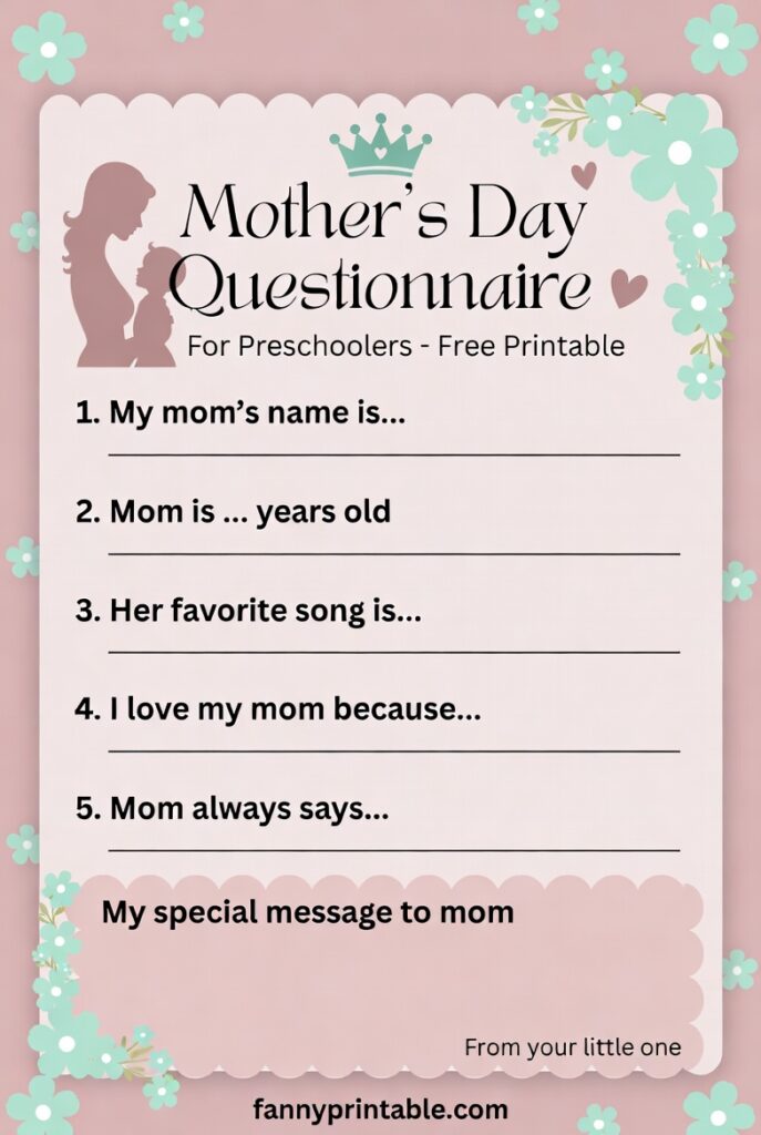 Free Printable Mother's Day Questionnaire For Preschoolers