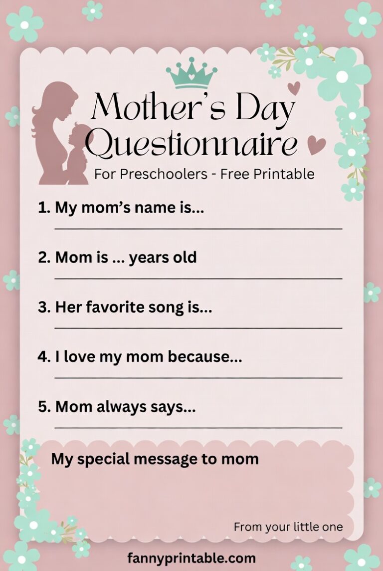Free Printable Mother's Day Questionnaire For Preschoolers