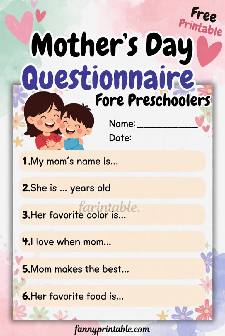 Free Printable Mother's Day Questionnaire For Preschoolers